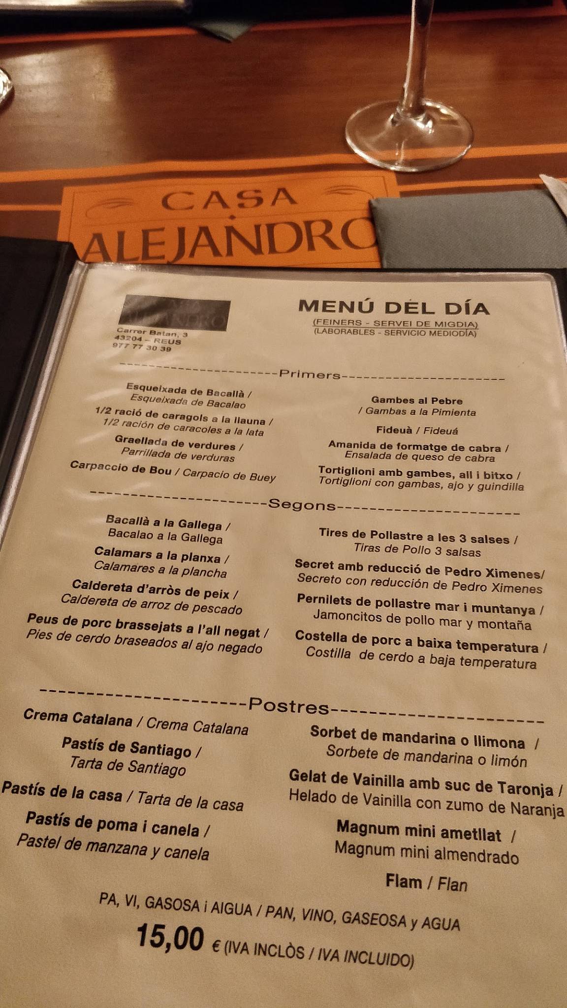 Menu at Restaurante Casa Alejandro, Reus, Carrer del Batan