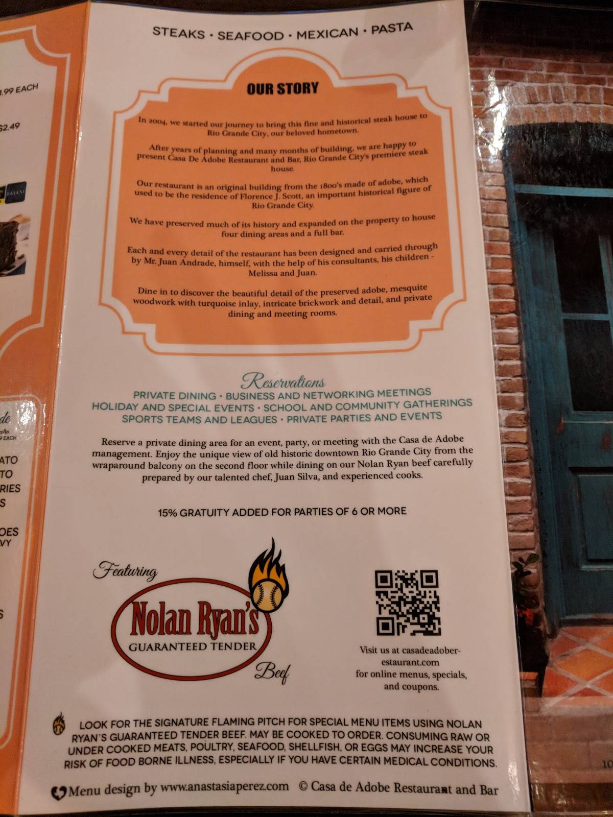 Menu at Casa De Adobe steakhouse, Rio Grande City
