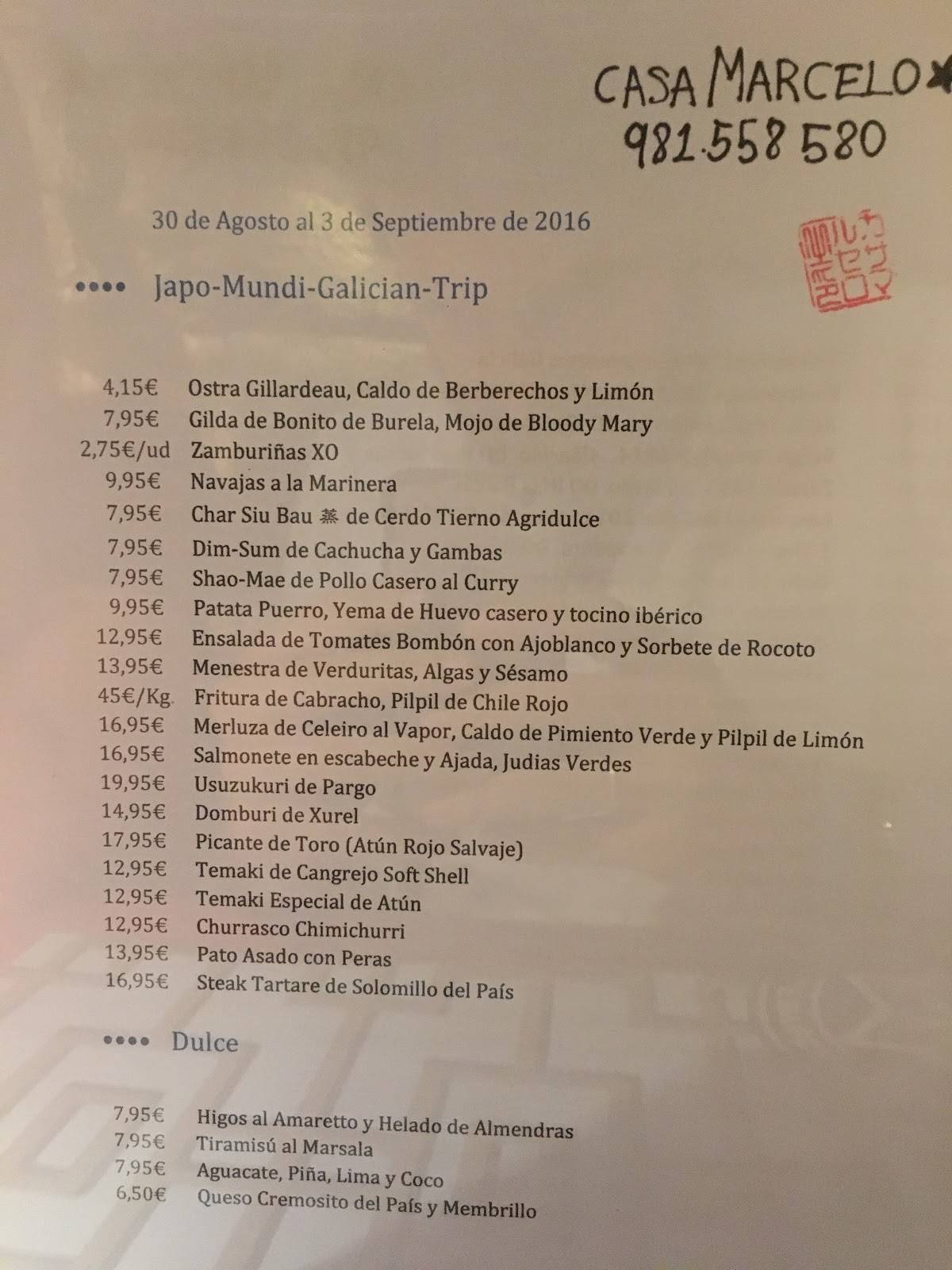 Menu at Casa Marcelo restaurant, Santiago de Compostela