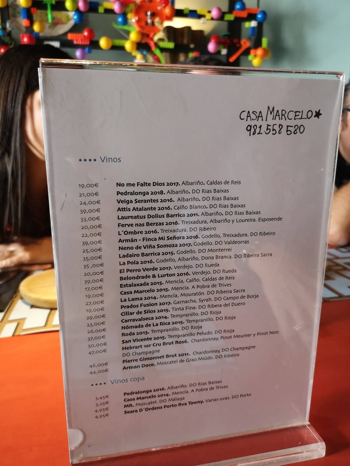 Menu at Casa Marcelo restaurant, Santiago de Compostela