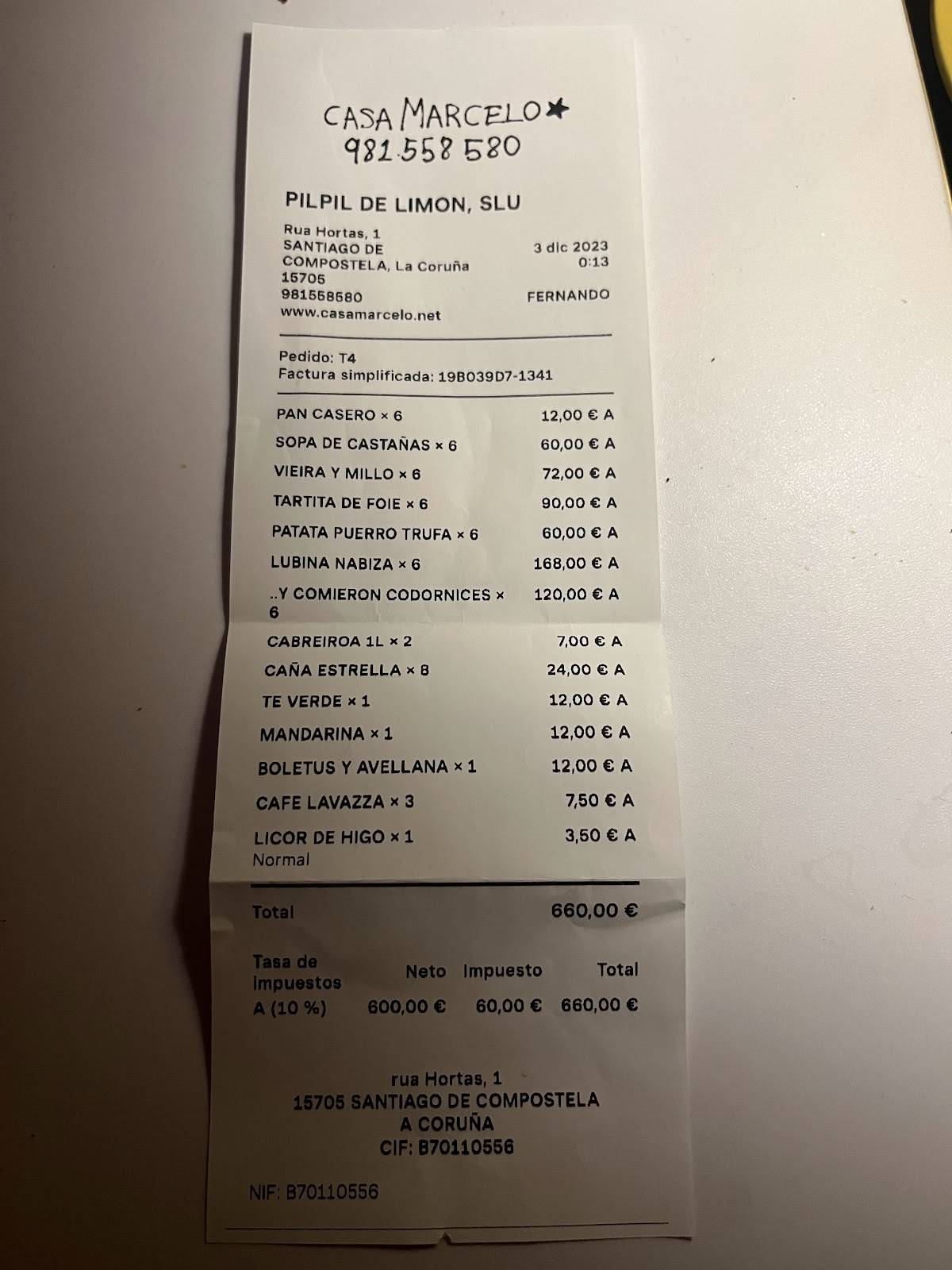 Menu at Casa Marcelo restaurant, Santiago de Compostela