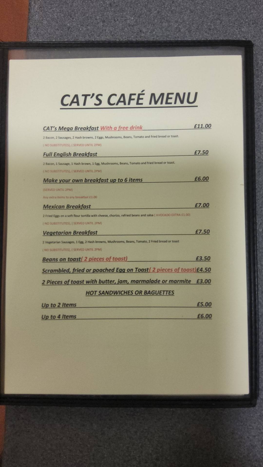 Menu at Cat's Cafe, Bruton