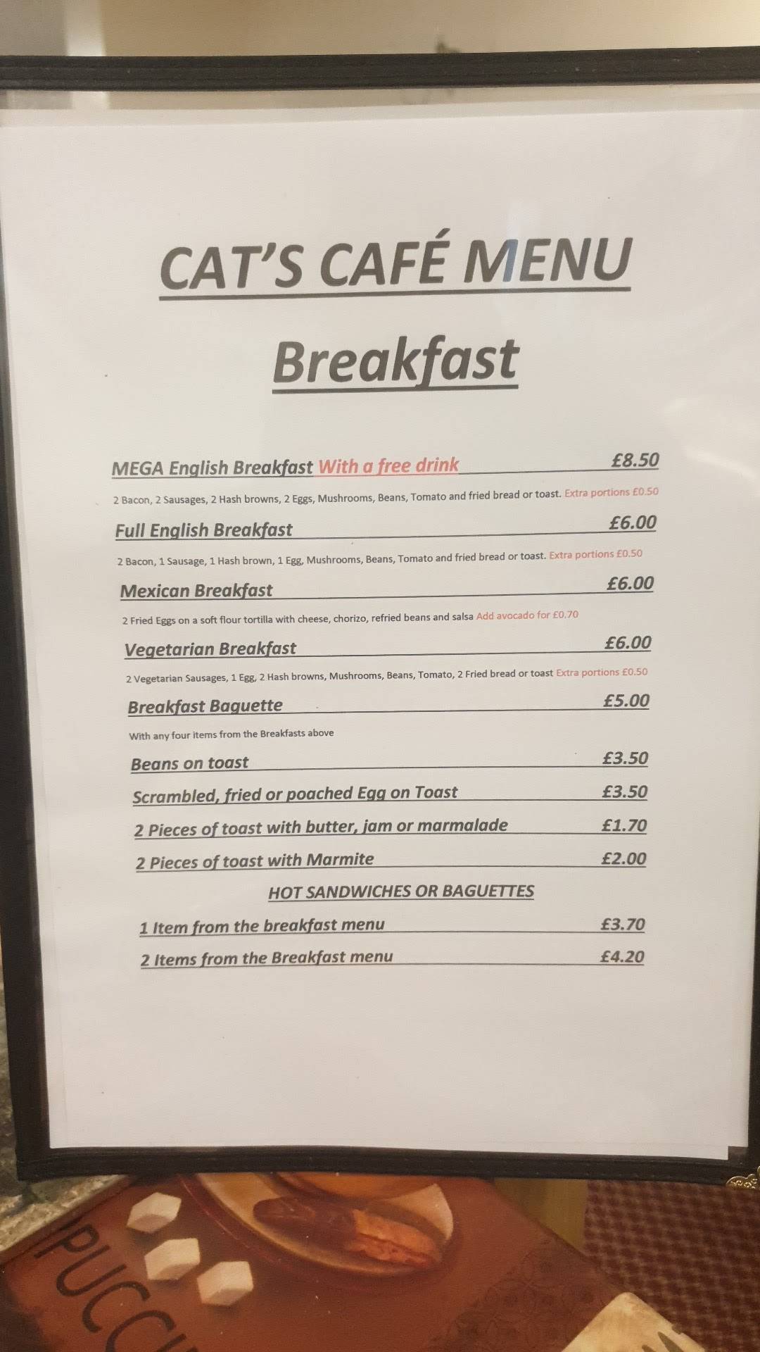 Menu at Cat's Cafe, Bruton