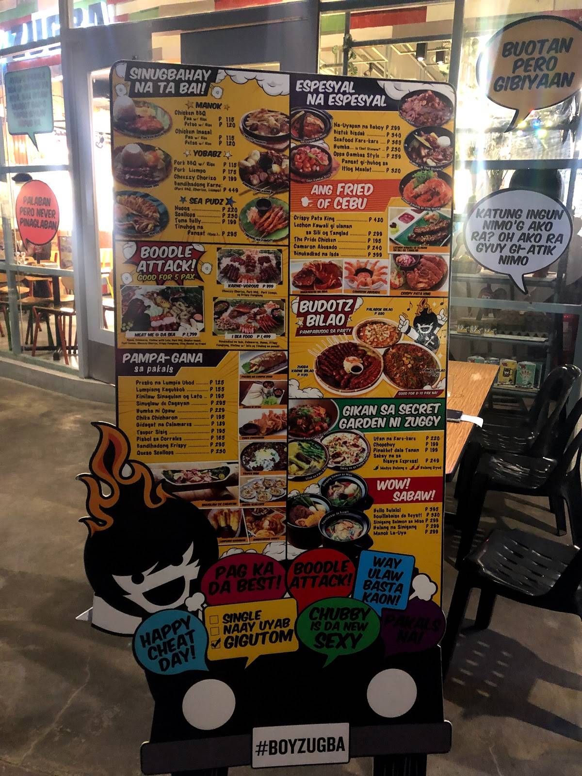 Menu at Boy Zugba restaurant, Cebu City, Central Bloc