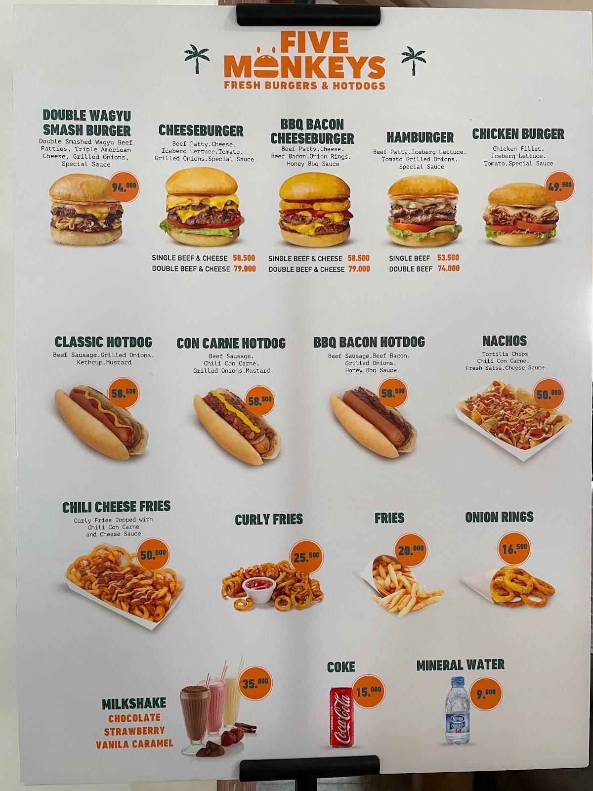 Carta del restaurante Five Monkeys Burger - Sarinah, Central Jakarta
