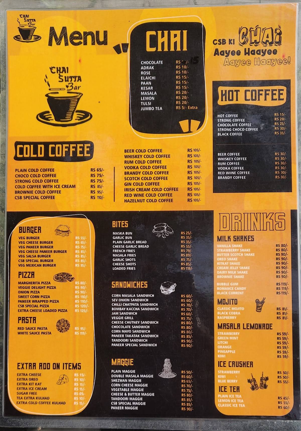 Menu at Chai Sutta Bar Nizampet, Hyderabad