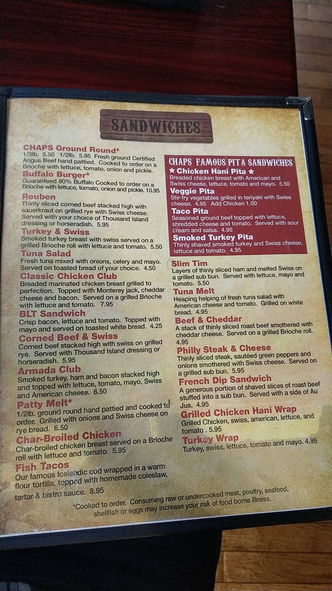 Menu at Chaps restaurant, Armada