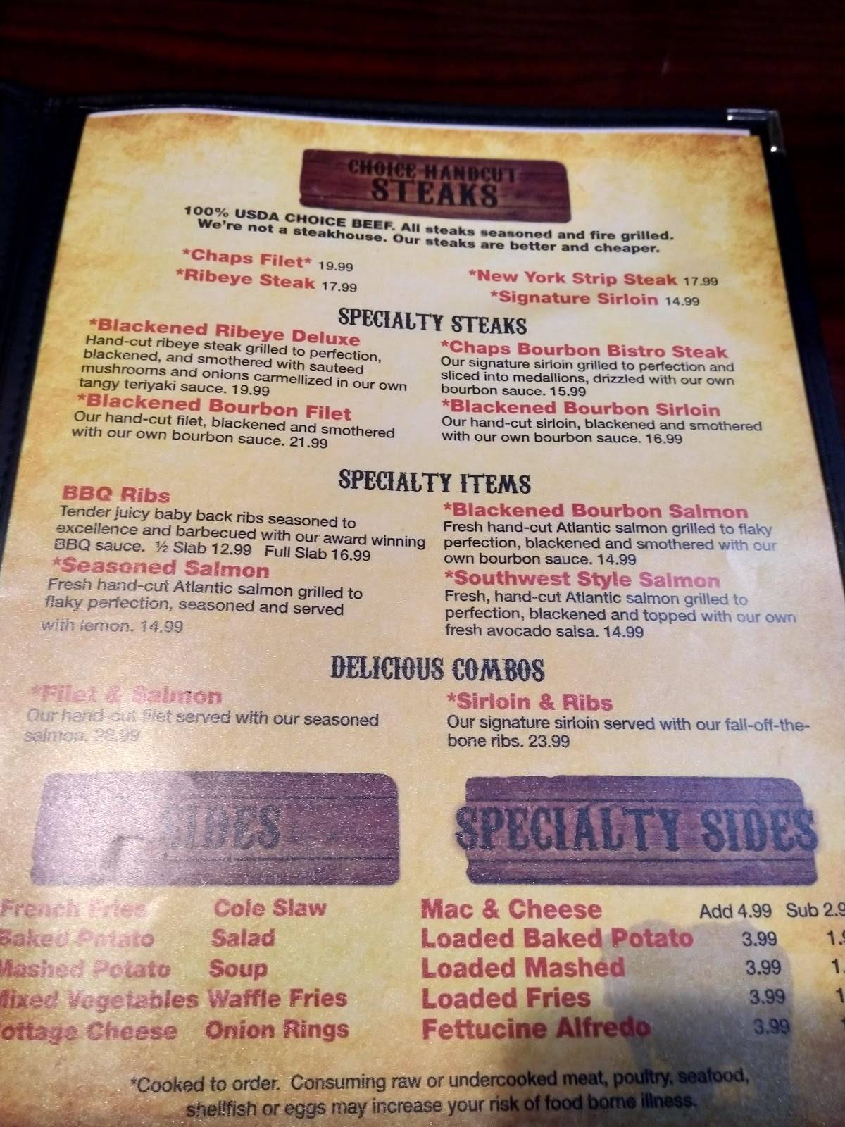 Menu at Chaps restaurant, Armada