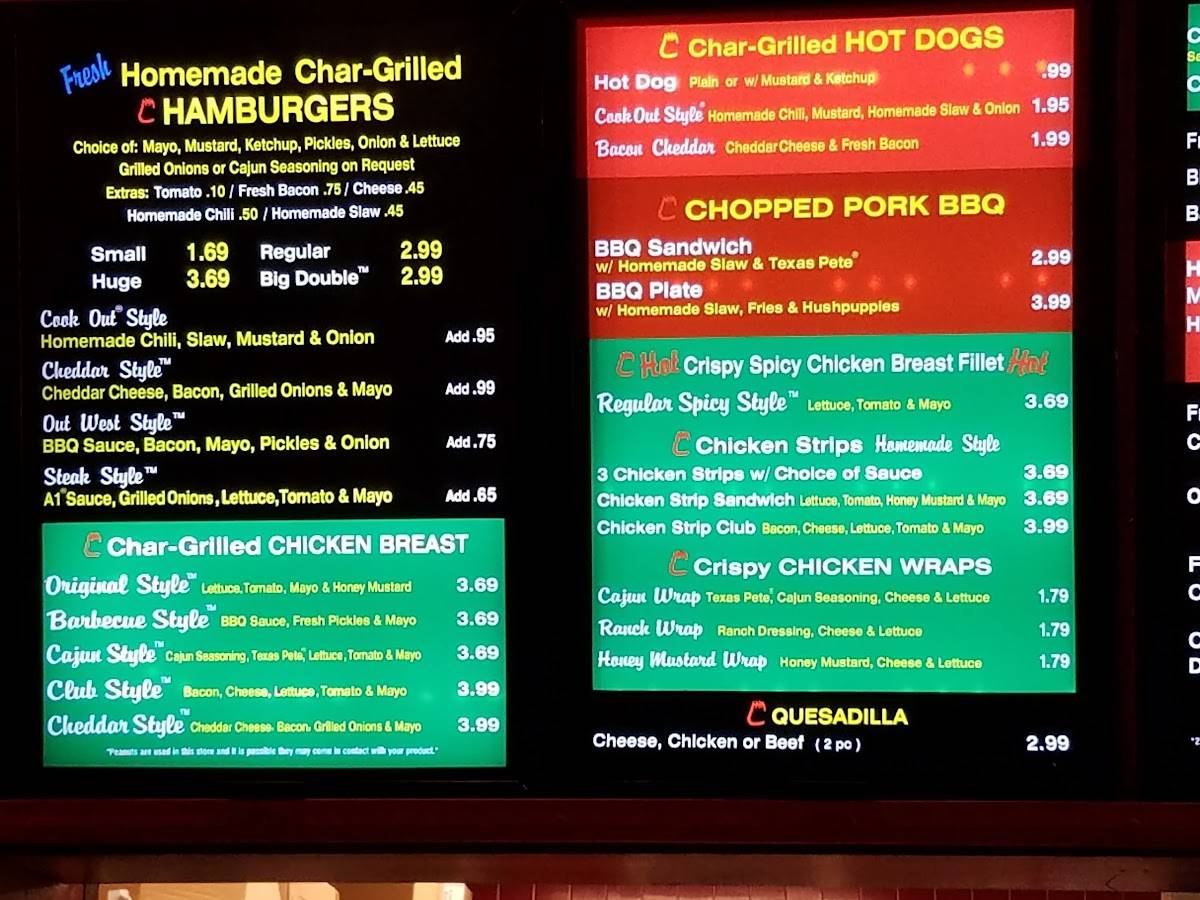 Menu at Cook Out fast food, North Charleston, University Blvd