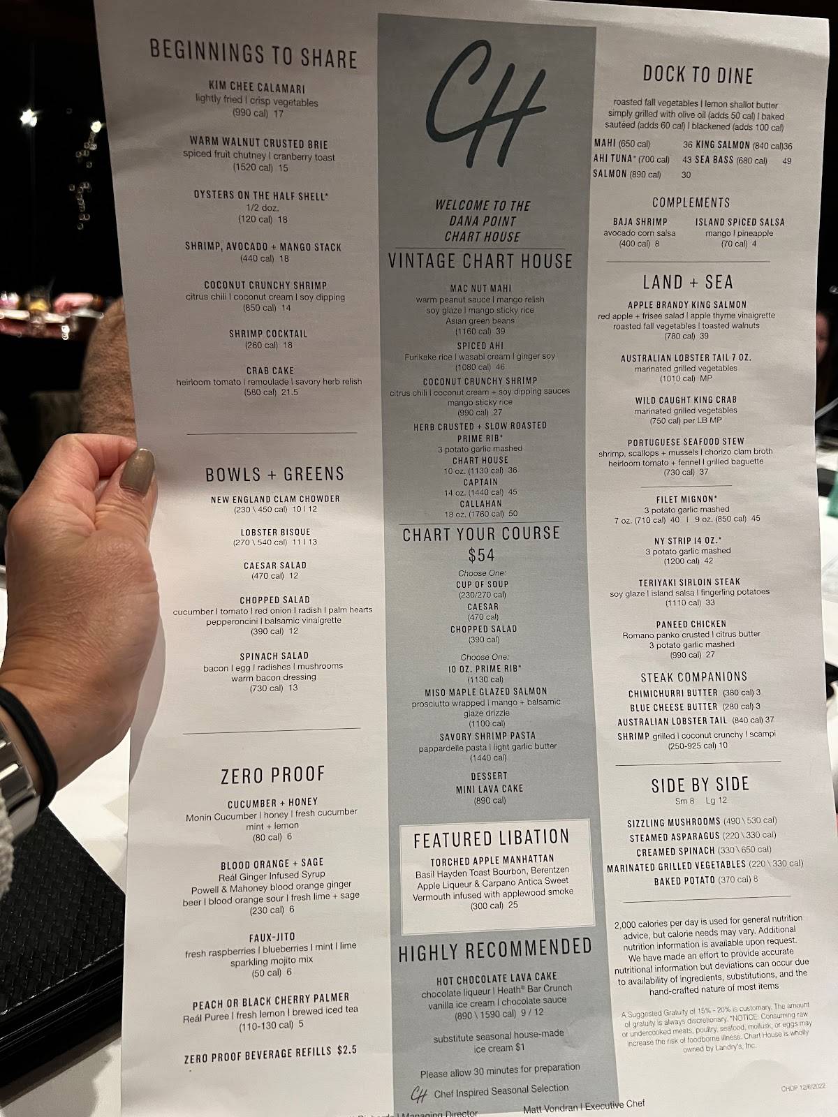 Menu at Chart House steakhouse, Dana Point