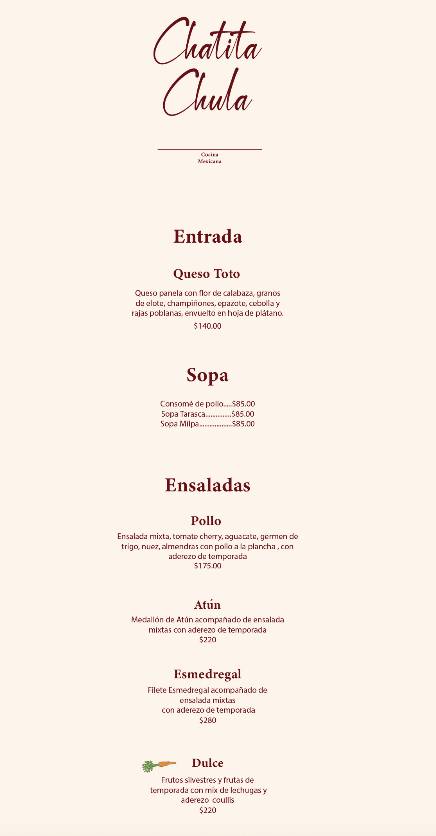 Carta del restaurante Chatita Chula, Ciudad del México