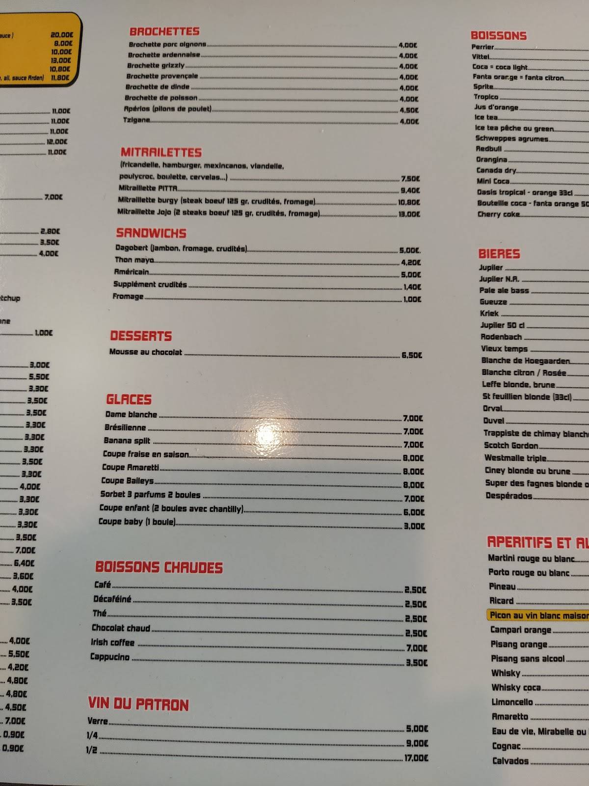 Menu au Chez Jojo, Erquelinnes