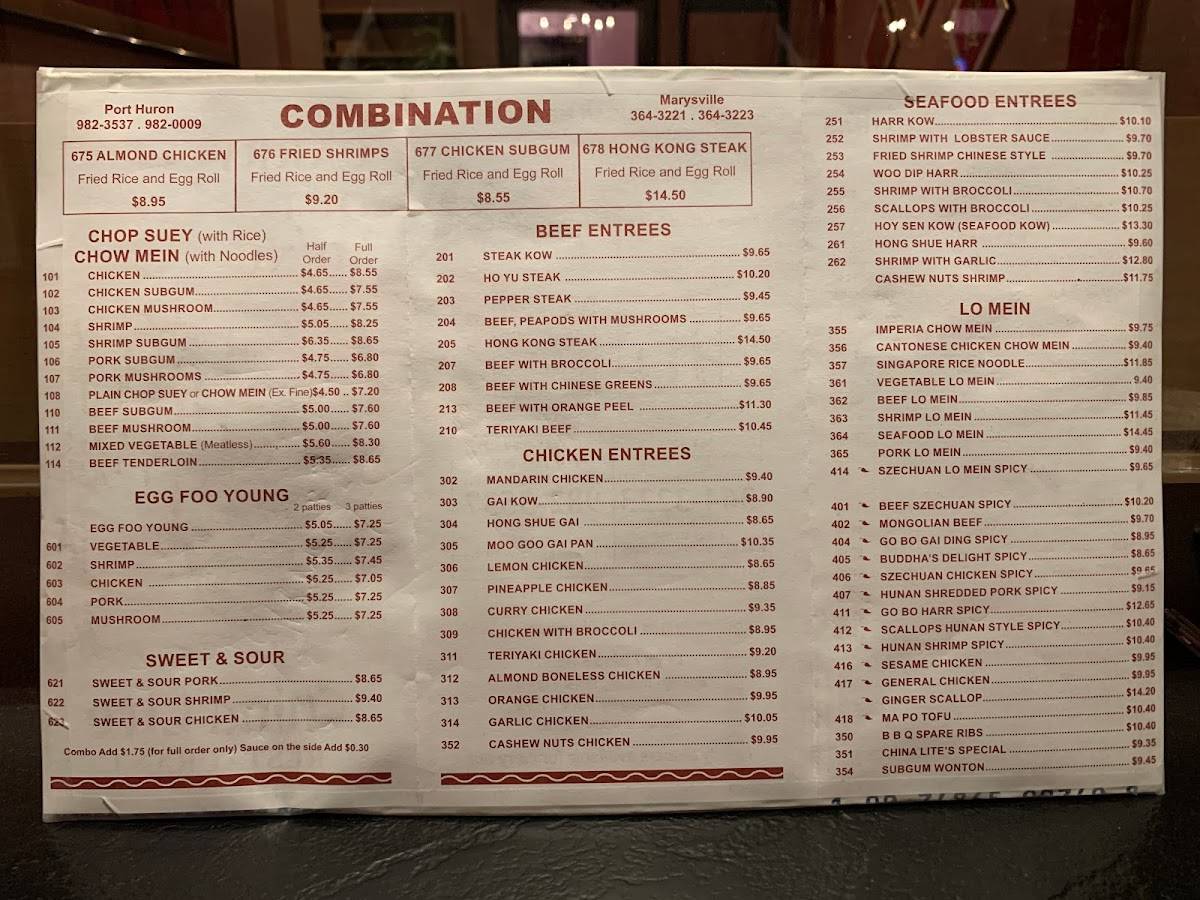 Menu at China Lite & Gas Lite Lounge restaurant, Marysville