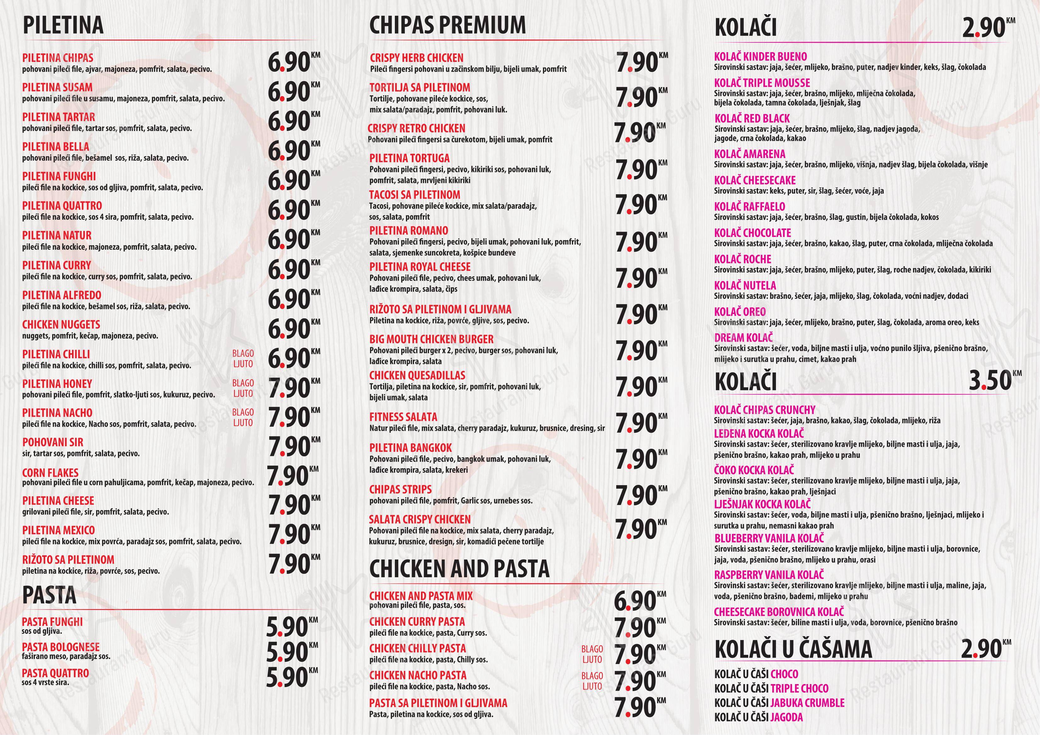 Menu at Chipas restaurant, Sarajevo