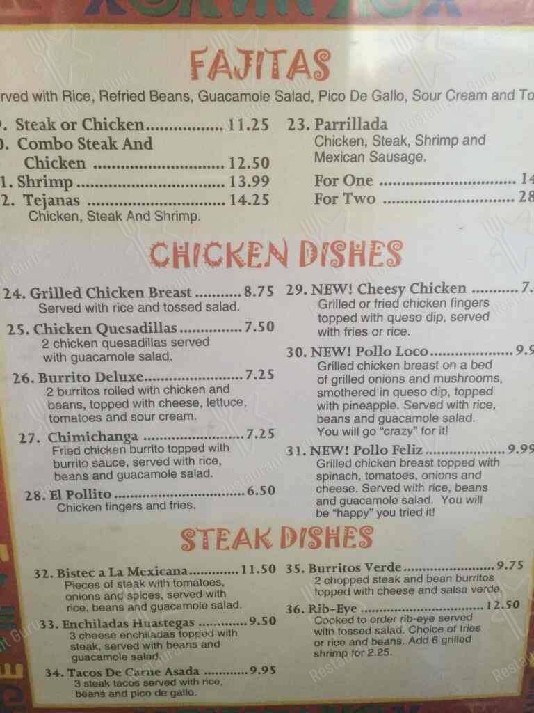 Menu at Javier's Mexican Grill restaurant, Chipley, Main St