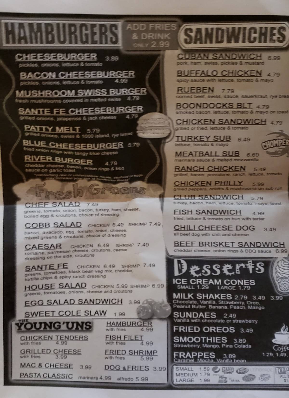 Menu at Chompers Diner restaurant, Fanning Springs