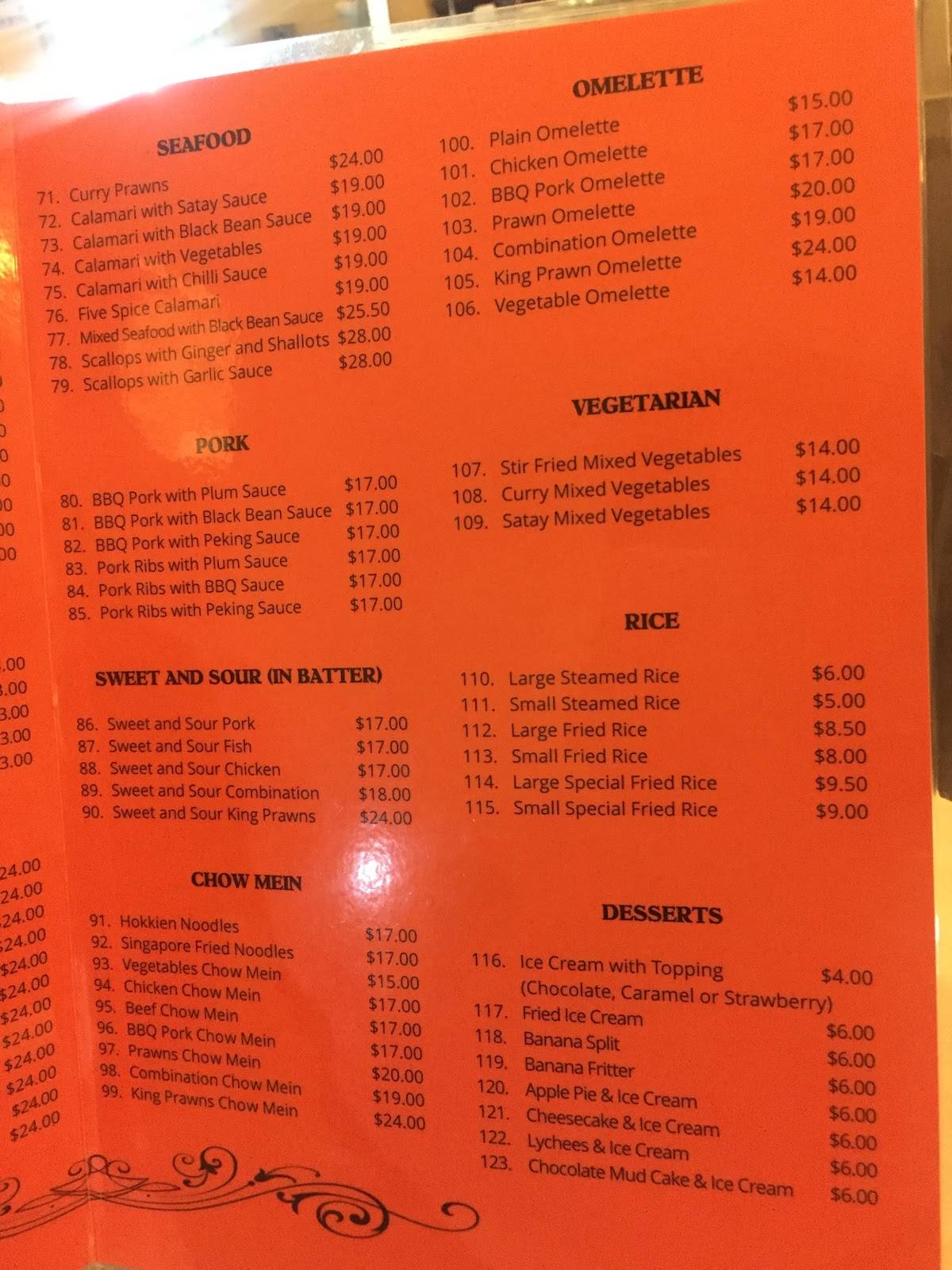 Menu at Chow King restaurant, Young
