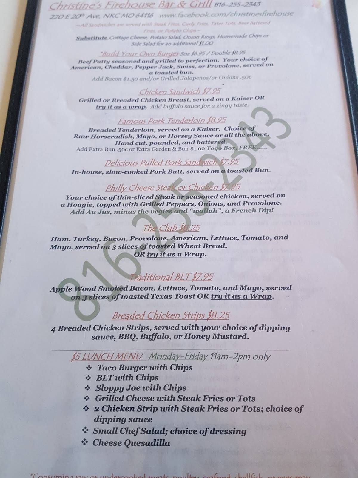 Menu at Christine's Firehouse pub & bar, North Kansas City