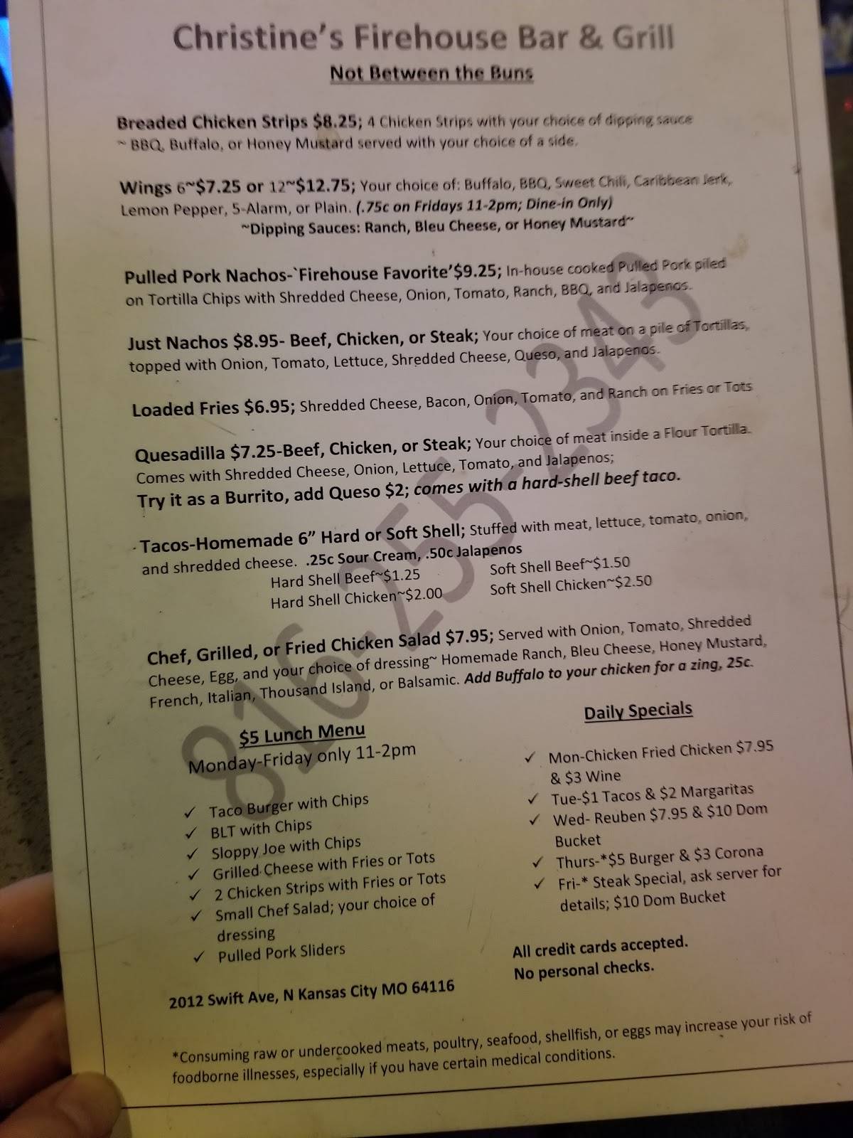 Menu at Christine's Firehouse pub & bar, North Kansas City