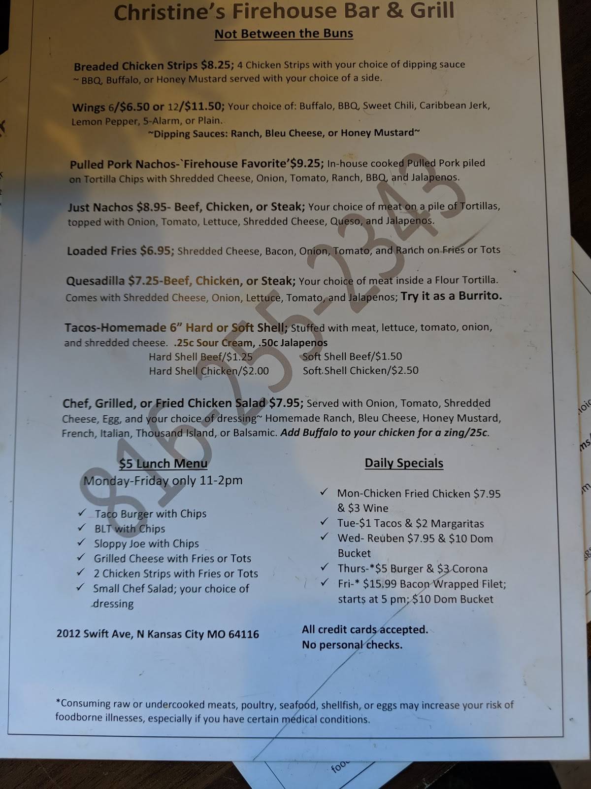 Menu at Christine's Firehouse pub & bar, North Kansas City