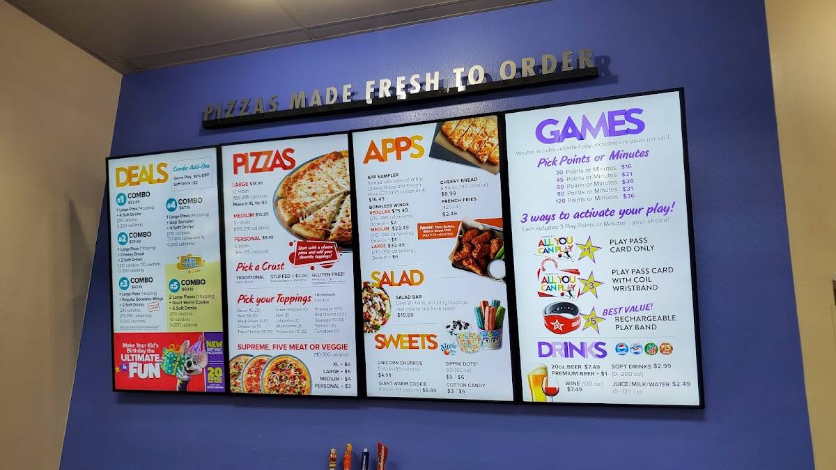 Menu at Chuck E. Cheese pizzeria, Alexandria