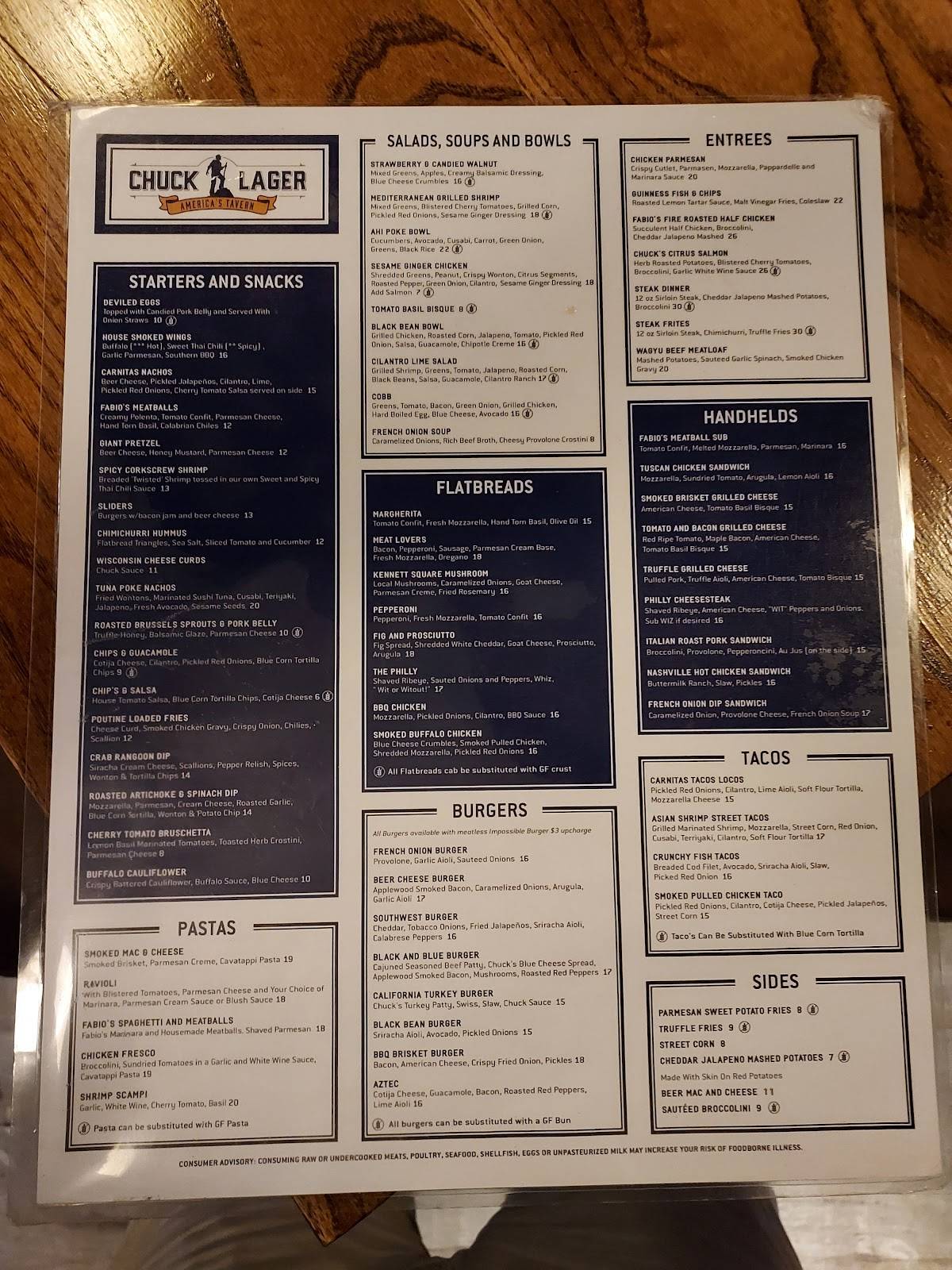 Menu at Chuck Lager America's Tavern restaurant, Pike Creek