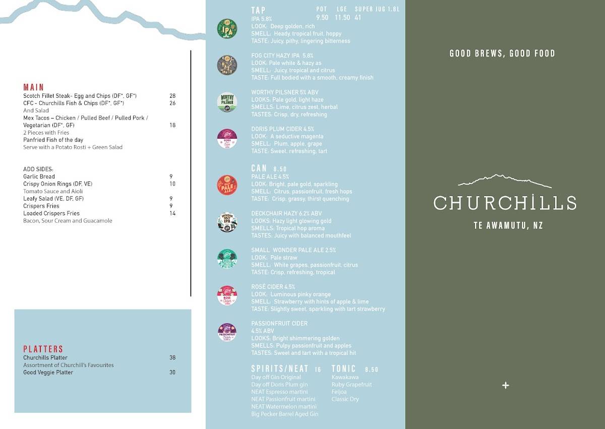 Menu at Churchills of Te Awamutu cafe, Te Awamutu