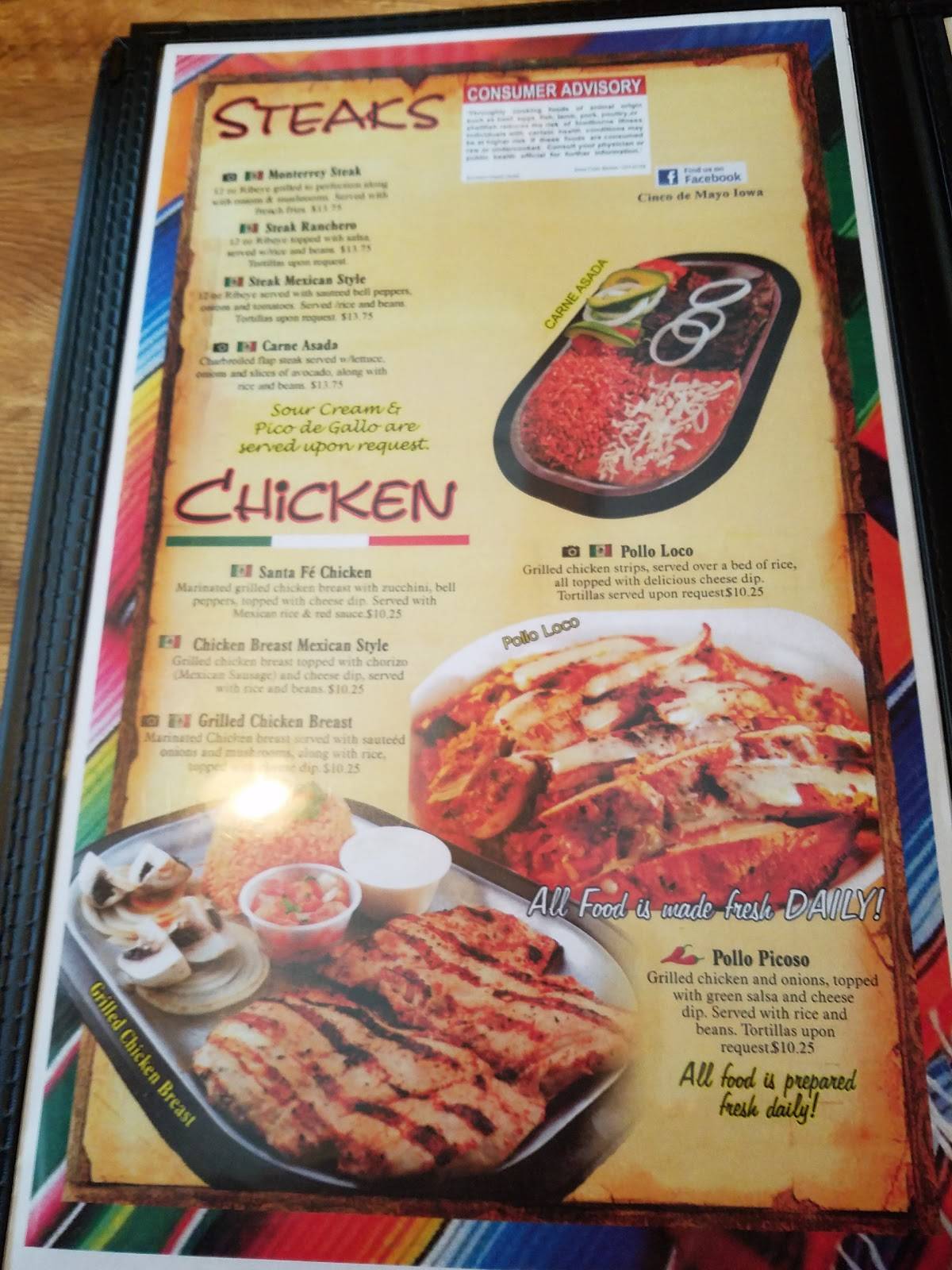 Menu at Cinco de Mayo Restaurant, Algona