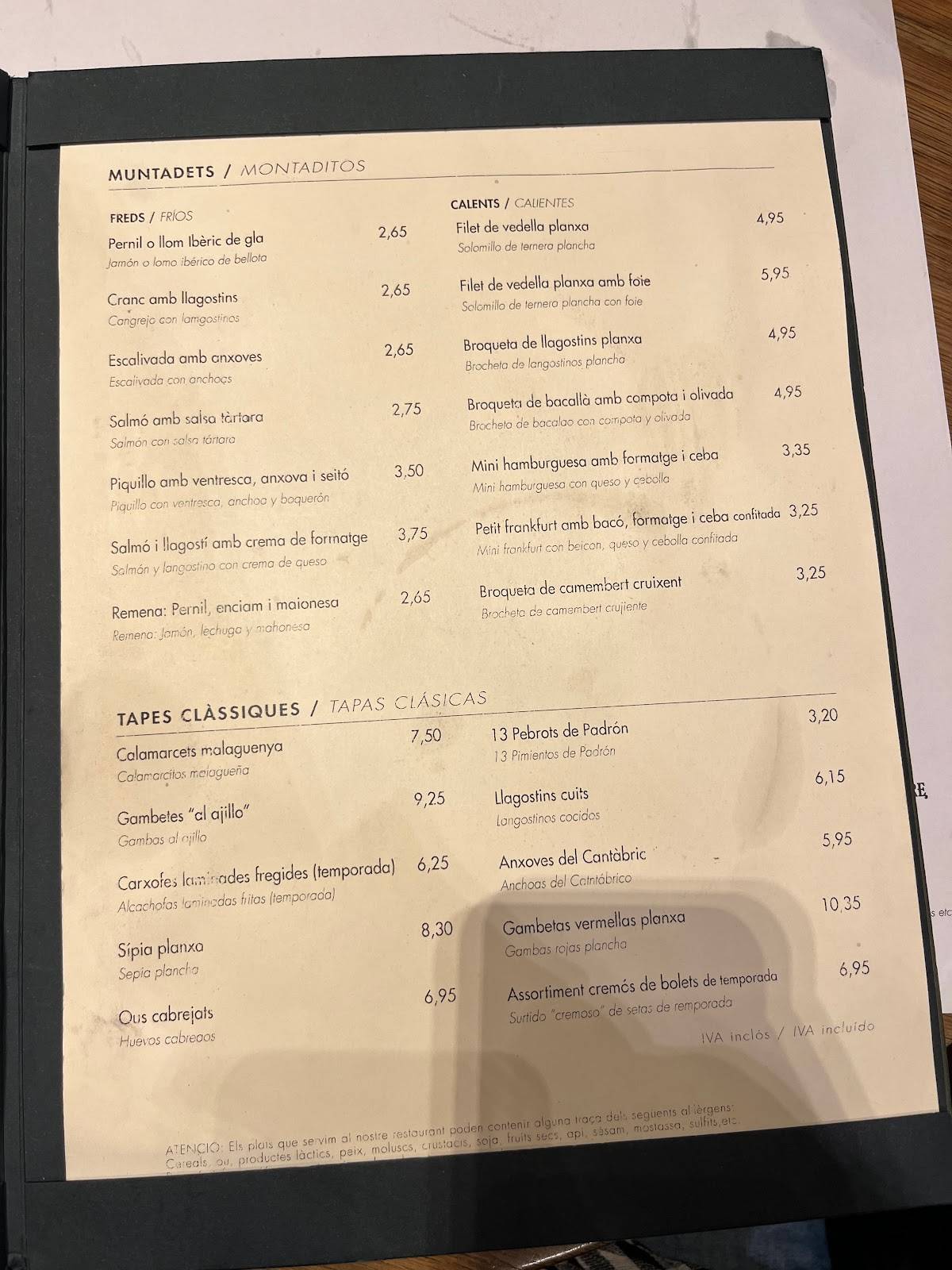 Menu at Ciutat Comtal pub & bar, Barcelona, Rambla de Catalunya