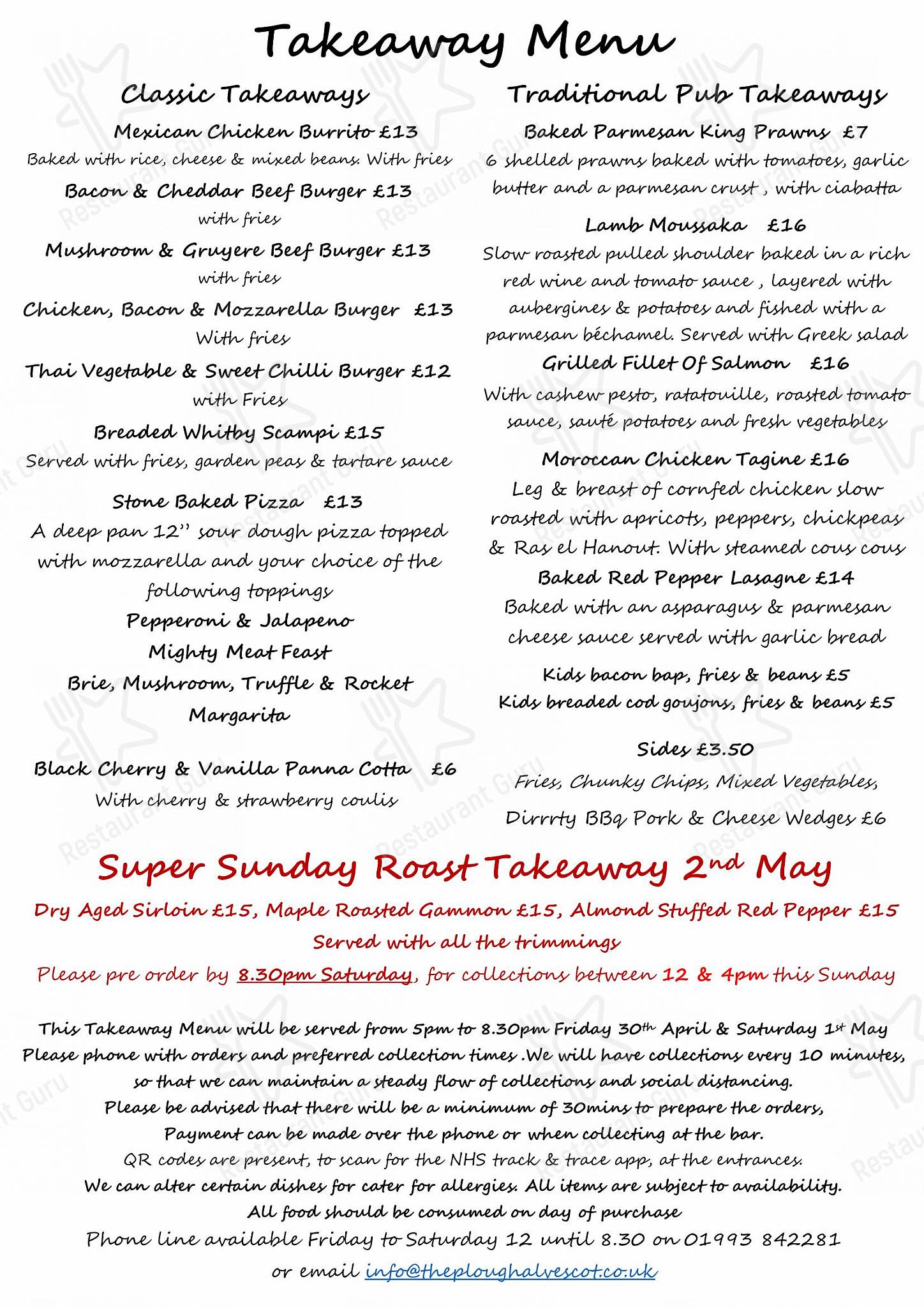 Menu at The Plough Inn Alvescot pub & bar, Clanfield, Main Rd