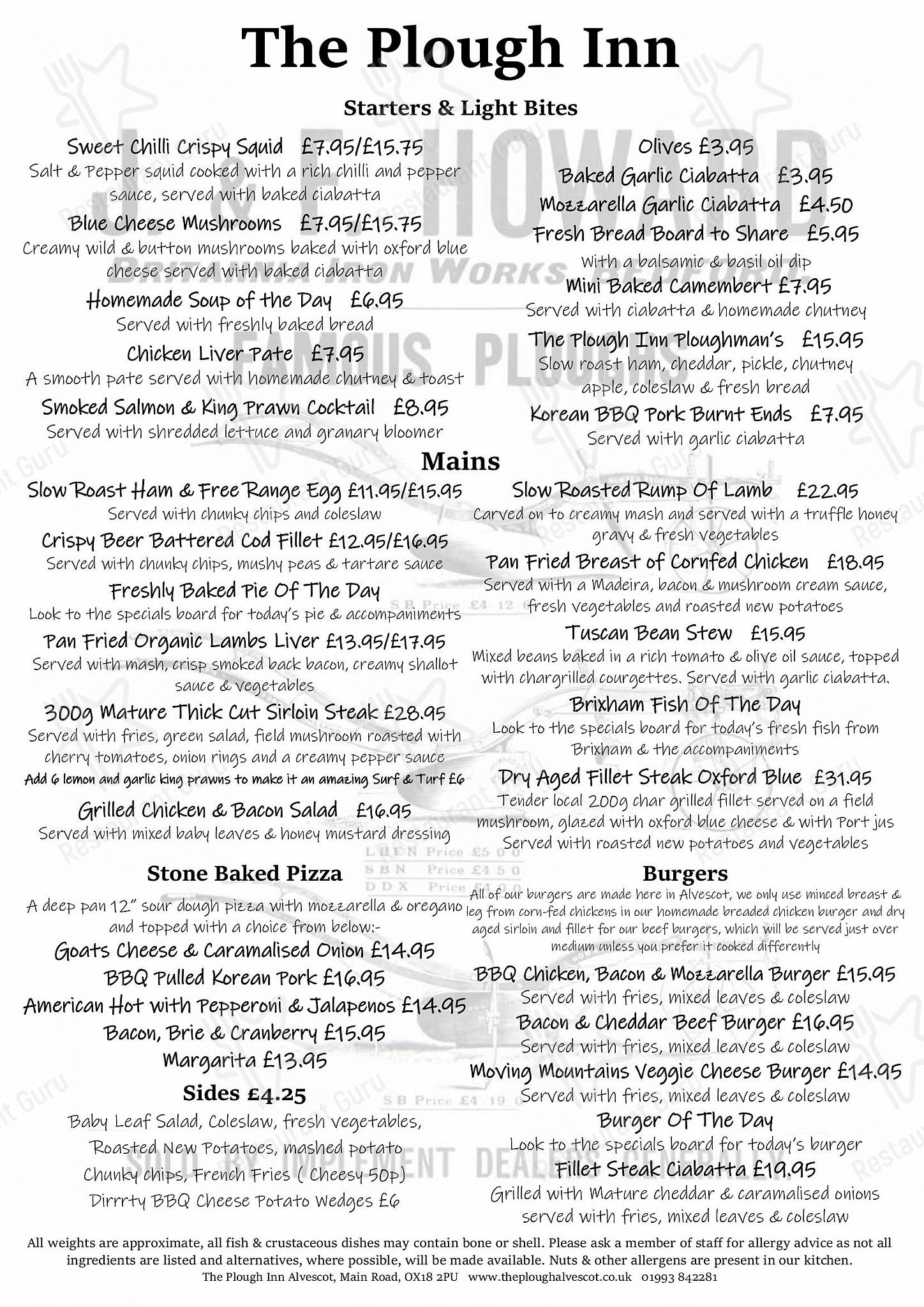 Menu at The Plough Inn Alvescot pub & bar, Clanfield, Main Rd