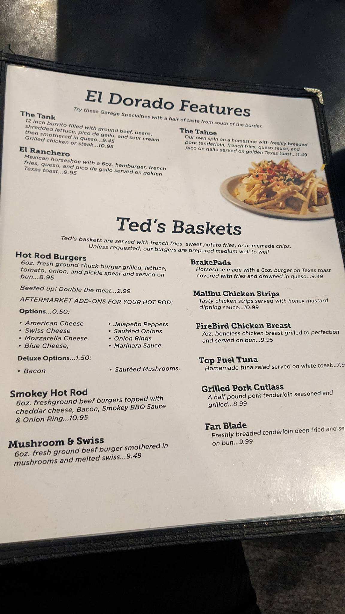 Menu at Ted's Garage restaurant, Clinton