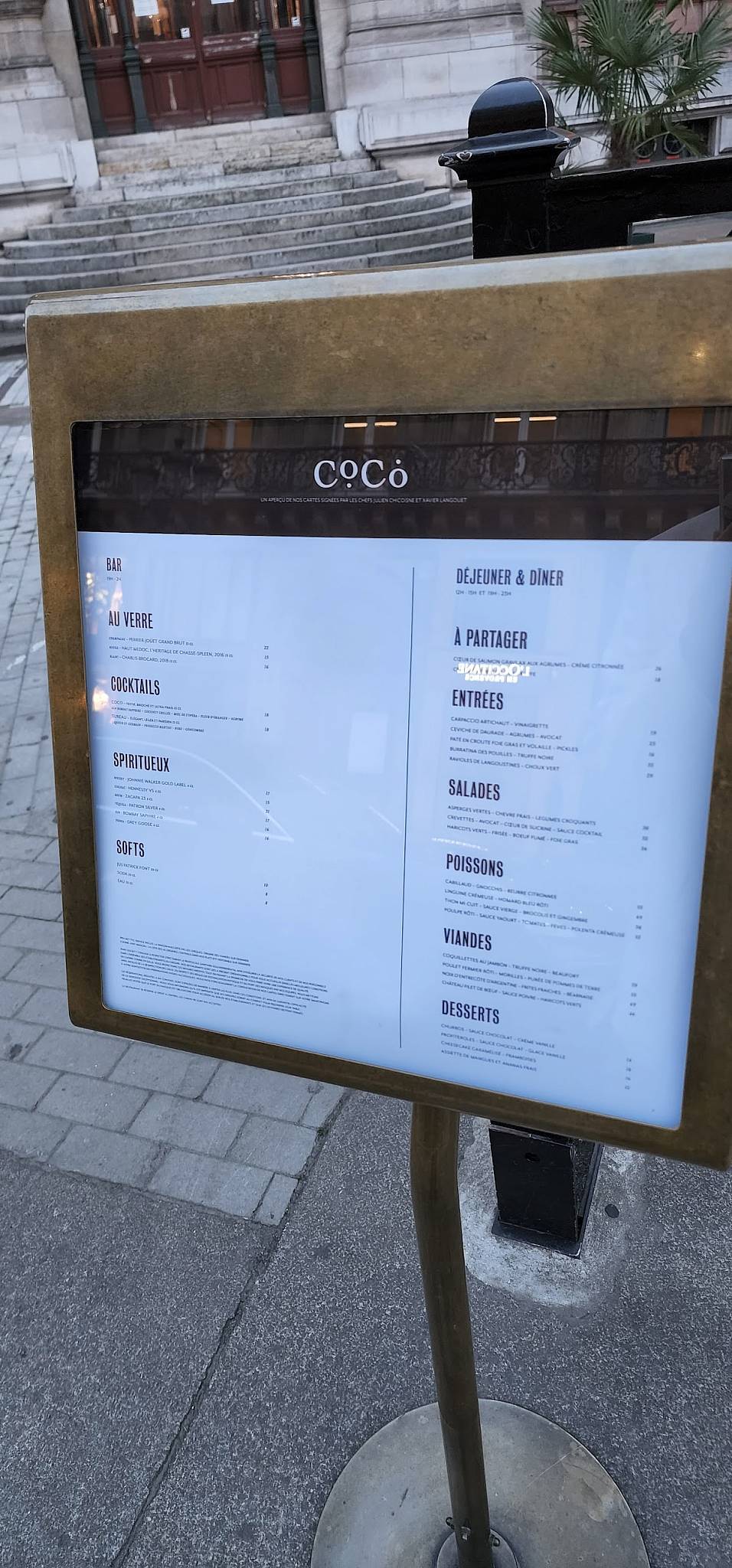 Menu at CoCo restaurant, Paris, Palais Garnier