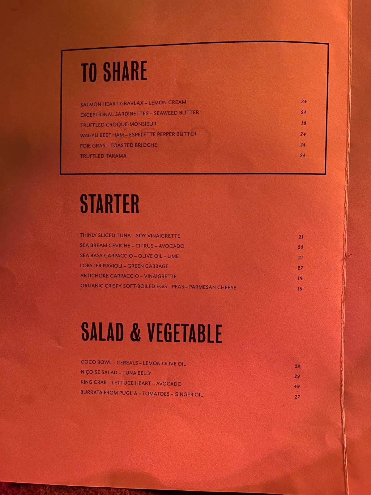 Menu at CoCo restaurant, Paris, Palais Garnier