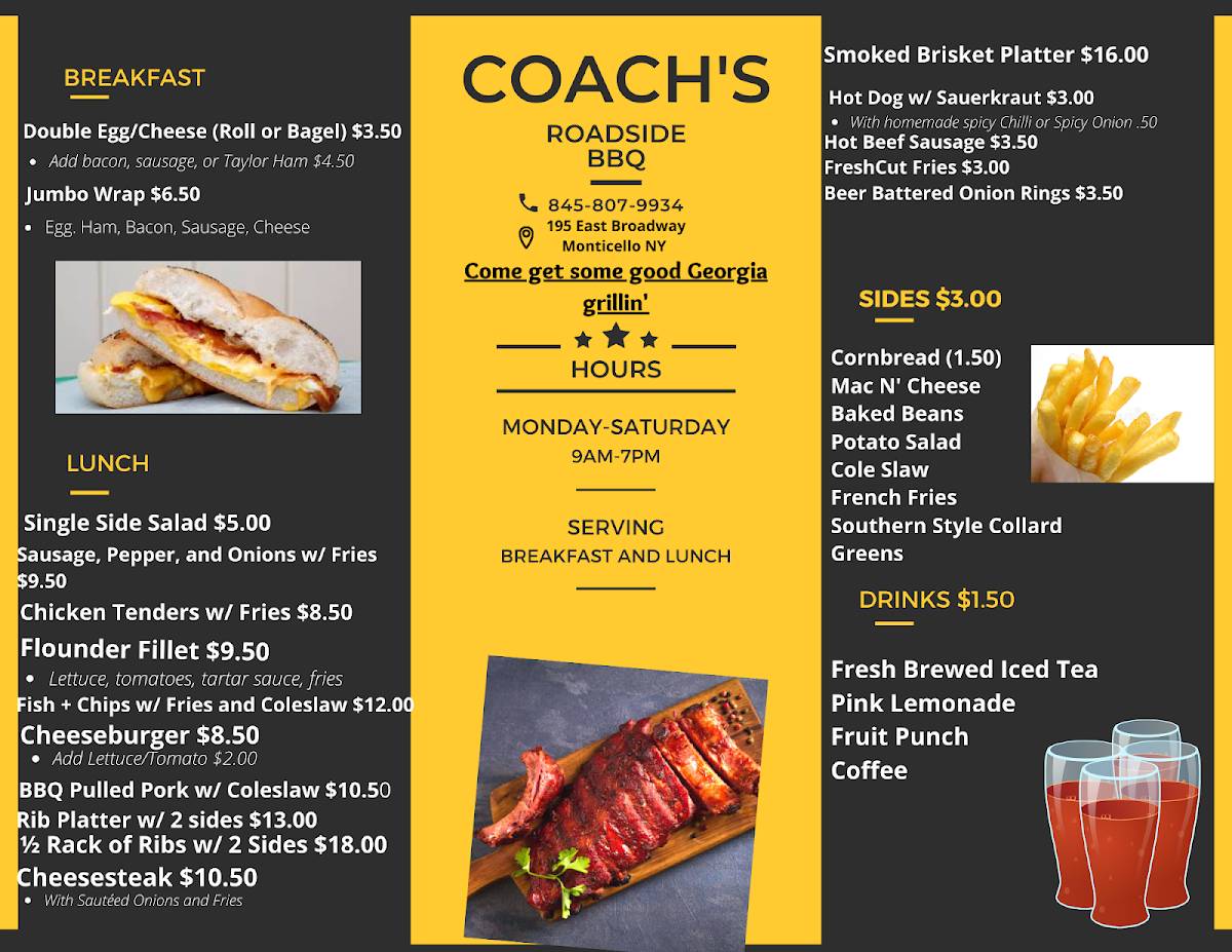 Menu at Coach's Roadside BBQ, Monticello