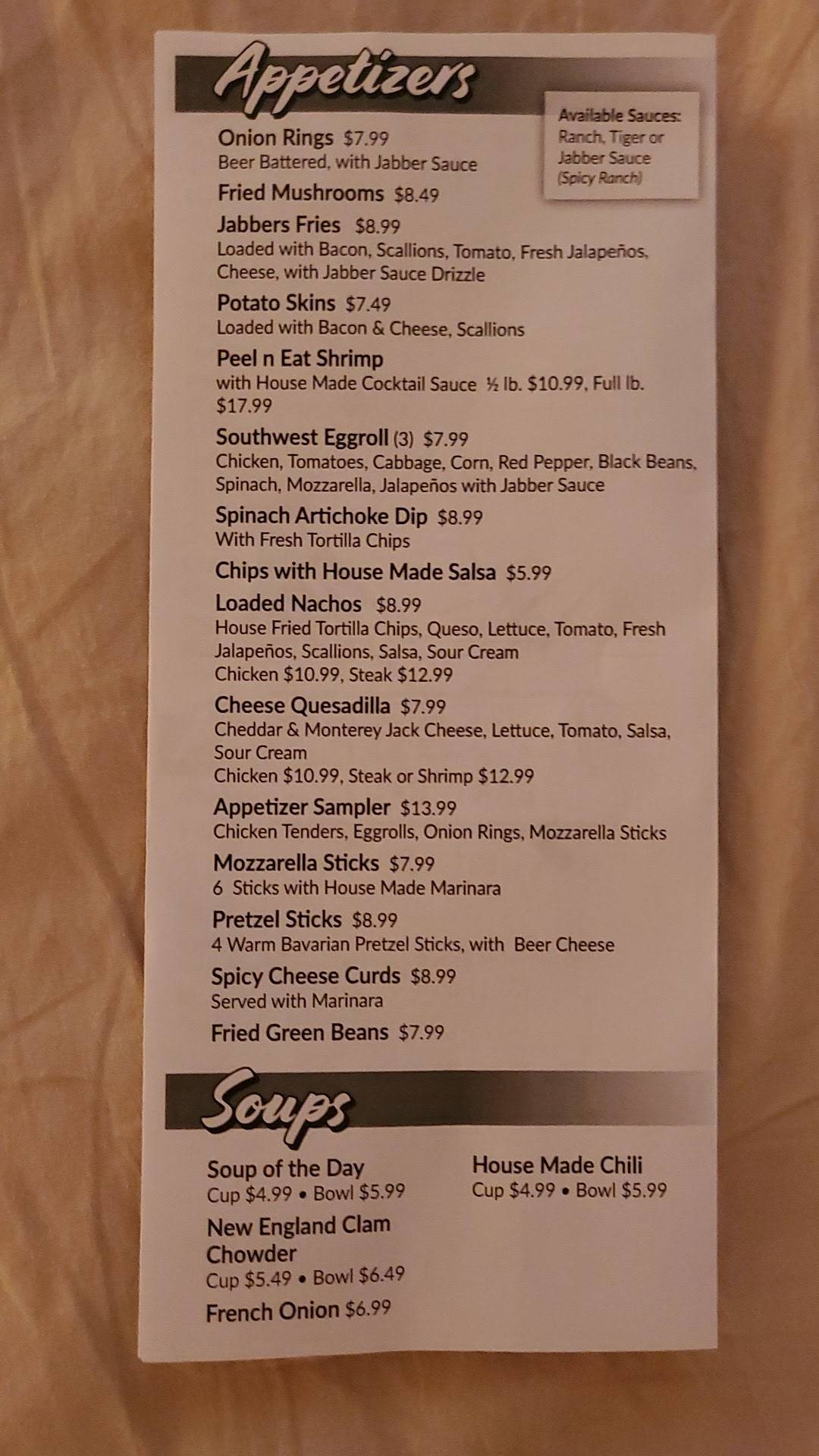 Menu at Jabbers Hometown Grill restaurant, Cocoa