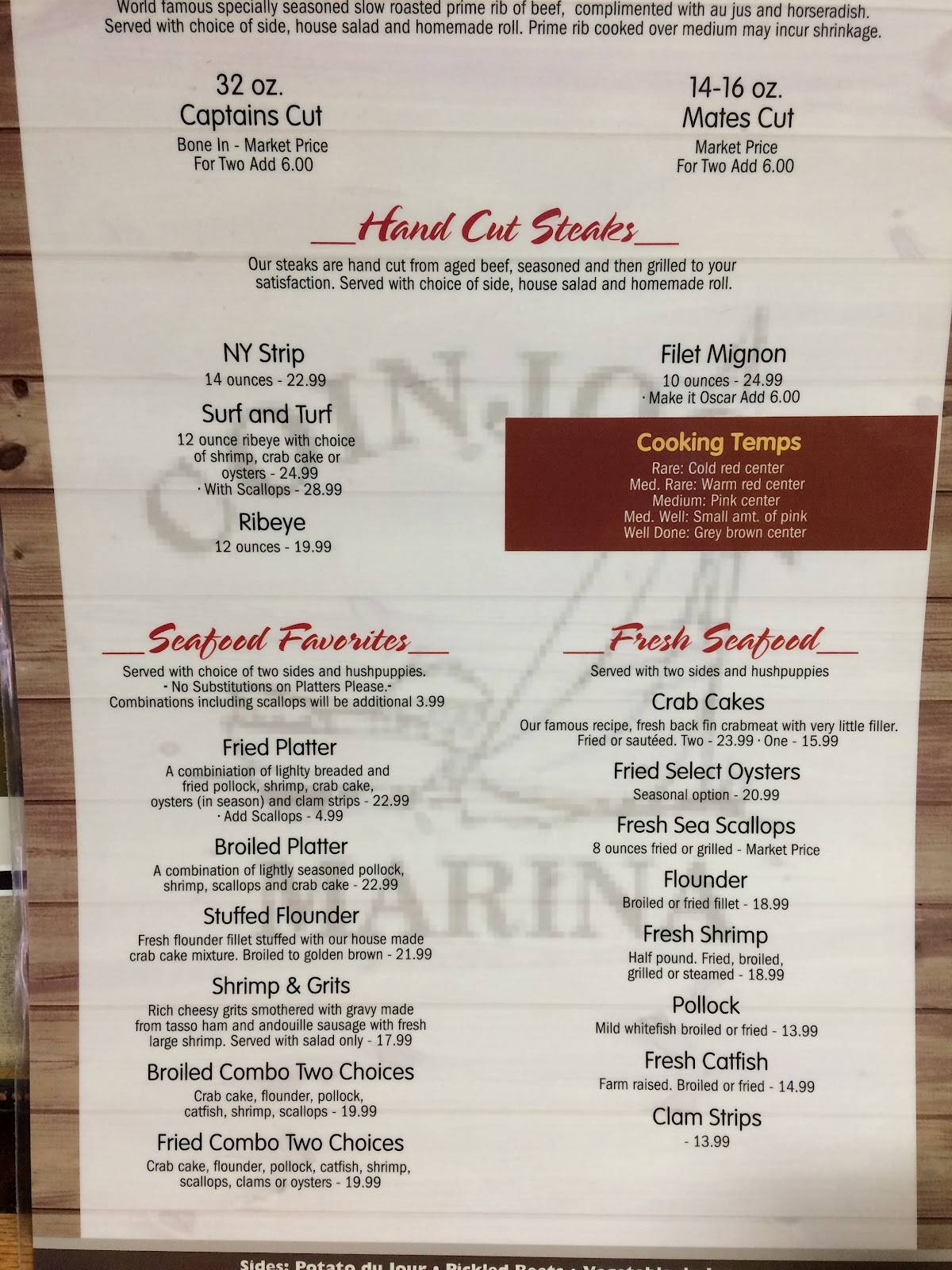 Menu at Coinjock Marina Restaurant, Coinjock