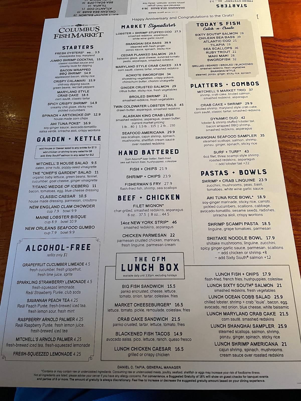 Menu at Columbus Fish Market pub & bar, Columbus, Olentangy River Rd