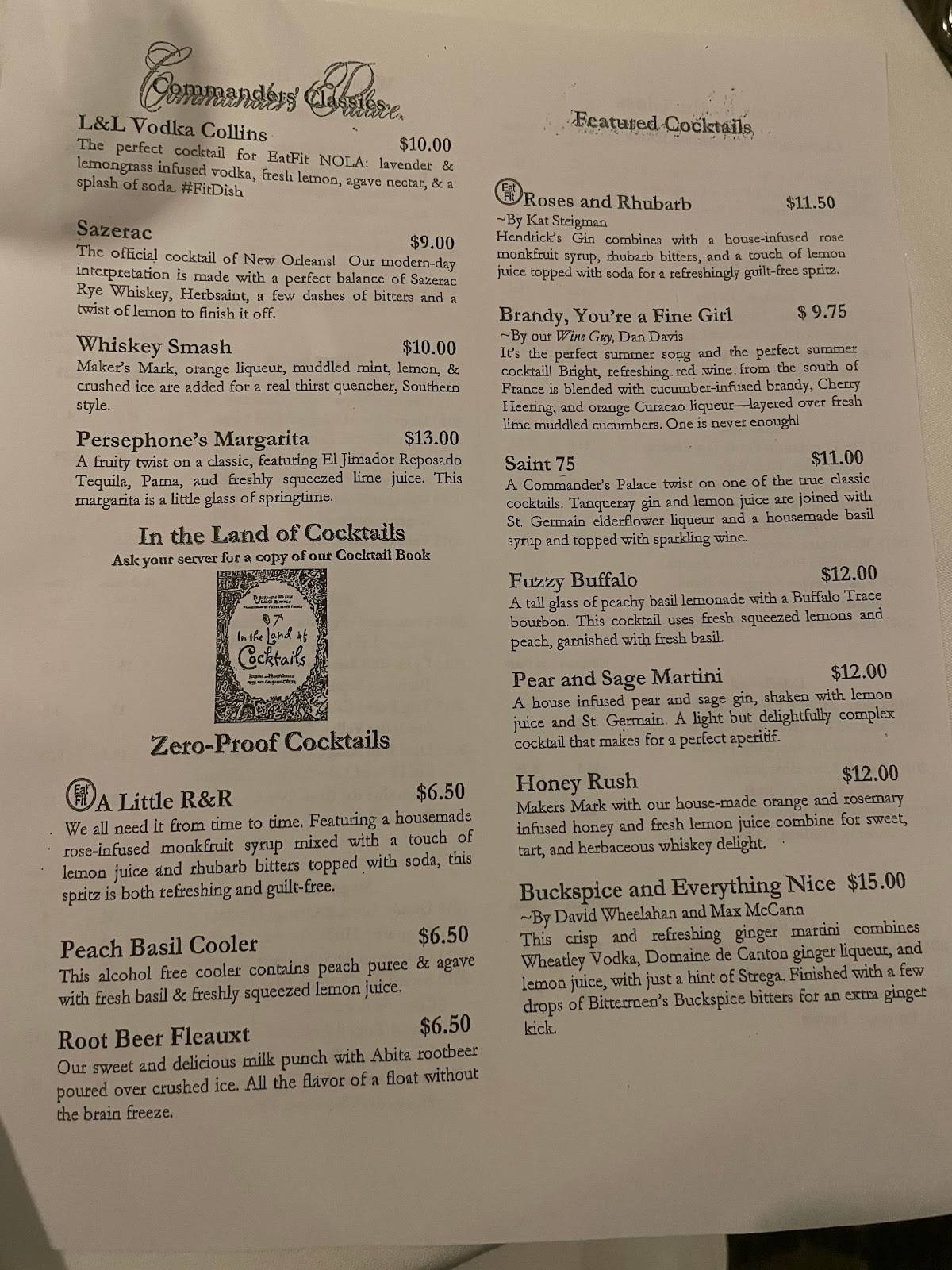 Menu at Commander's Palace pub & bar, New Orleans