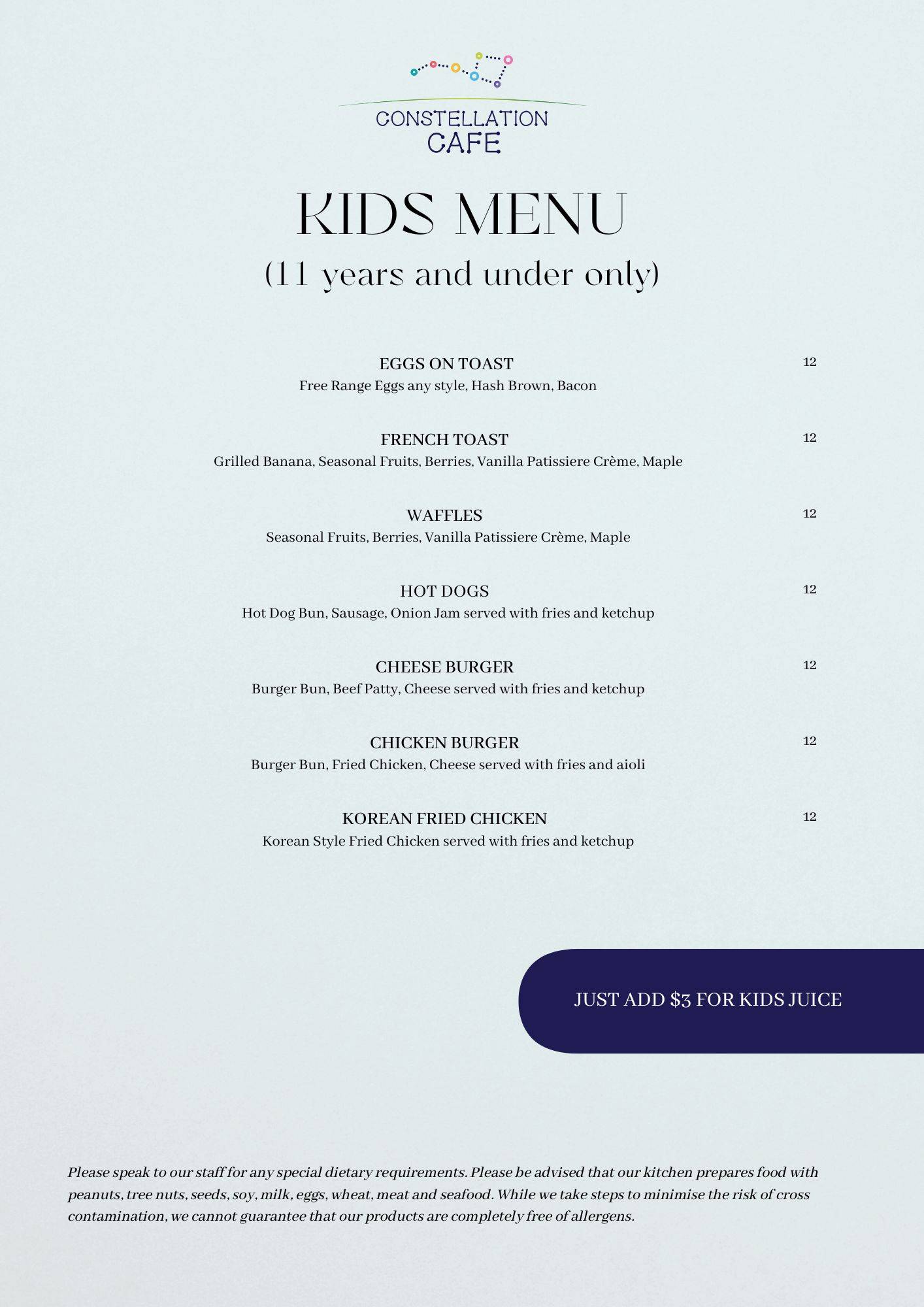 Menu at Constellation Cafe, Auckland