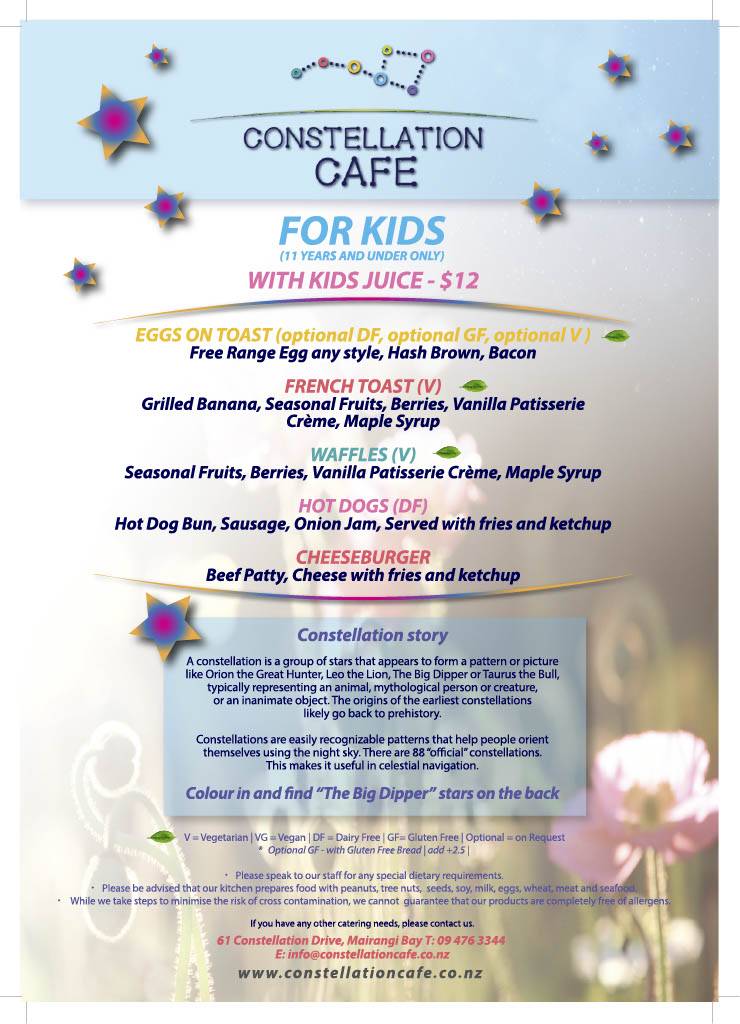 Menu at Constellation Cafe, Auckland