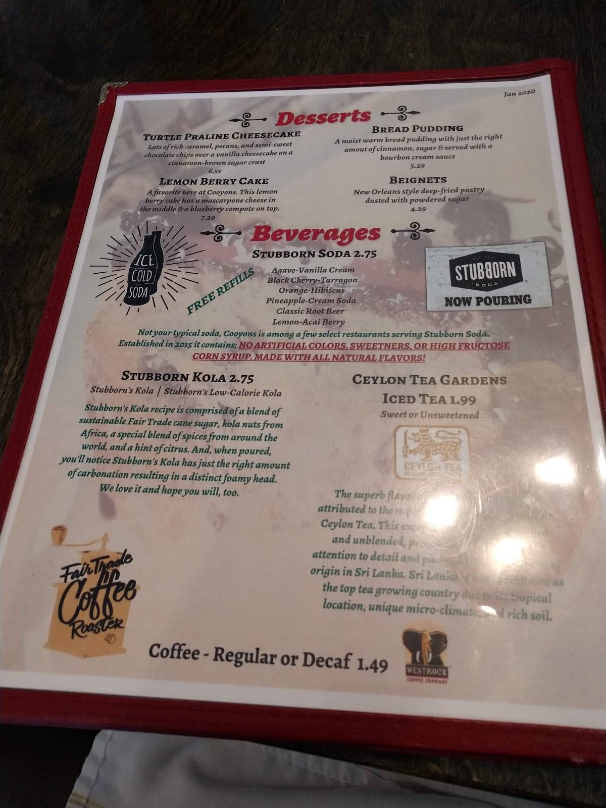 Menu at Cooyons restaurant, Mountain Home