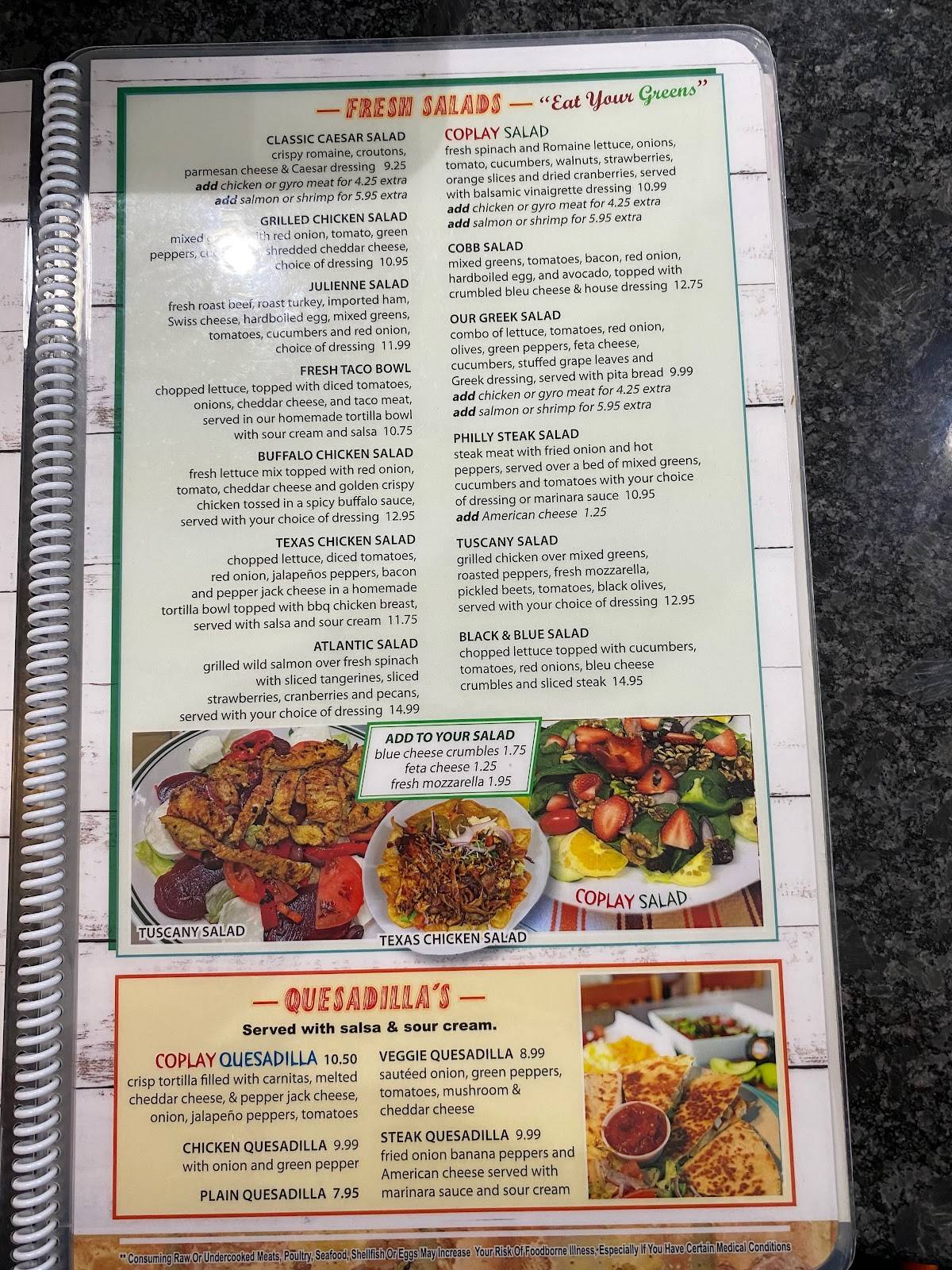 Menu at Coplay Eatery restaurant, Coplay