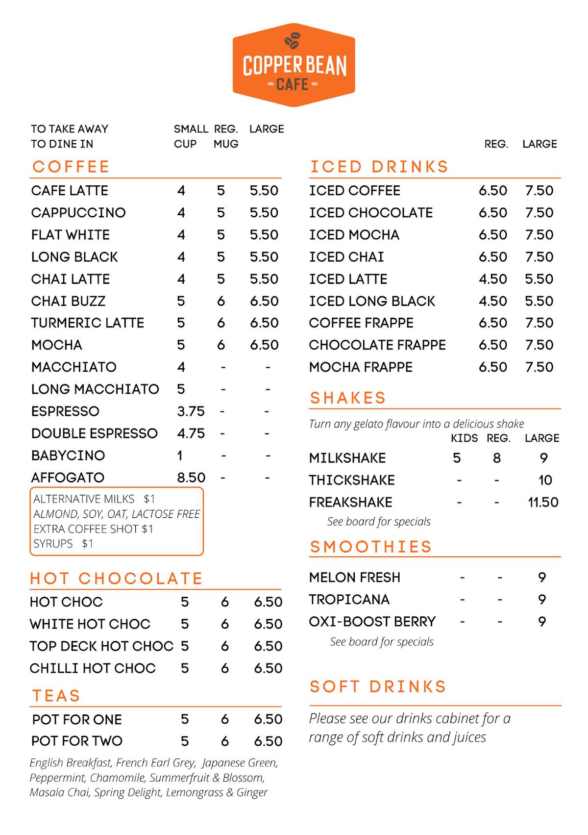 Carta de Copper Bean Café, Mandurah