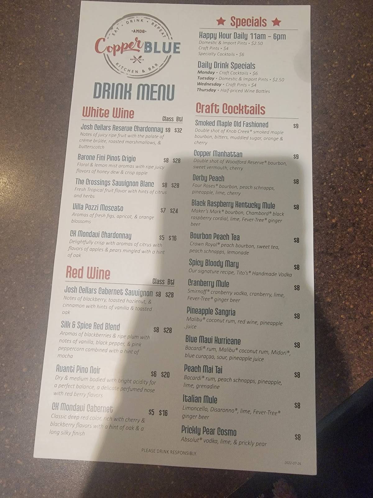 Menu at Copper Blue restaurant, Milford