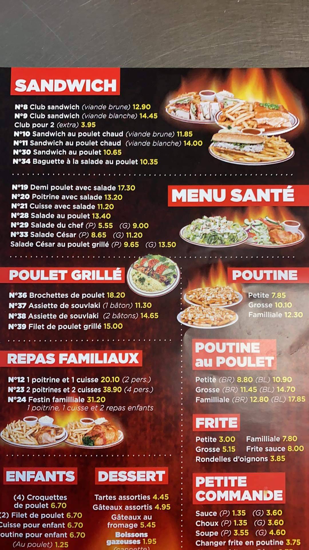Menu at Coq au Quebec restaurant, Saint-Jérôme