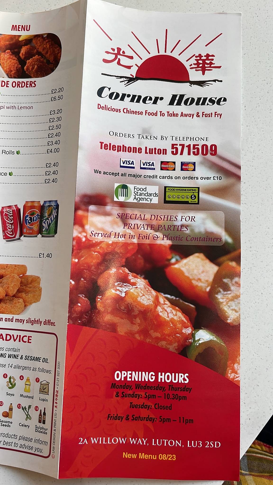Menu at Corner House fast food, Luton
