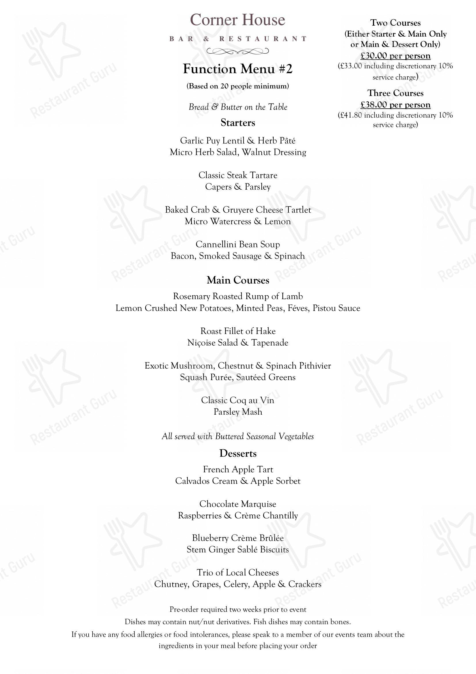 Menu at Corner House Hotel restaurant, Taunton