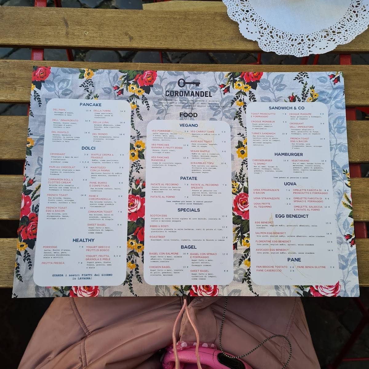 Menu at Coromandel restaurant, Rome