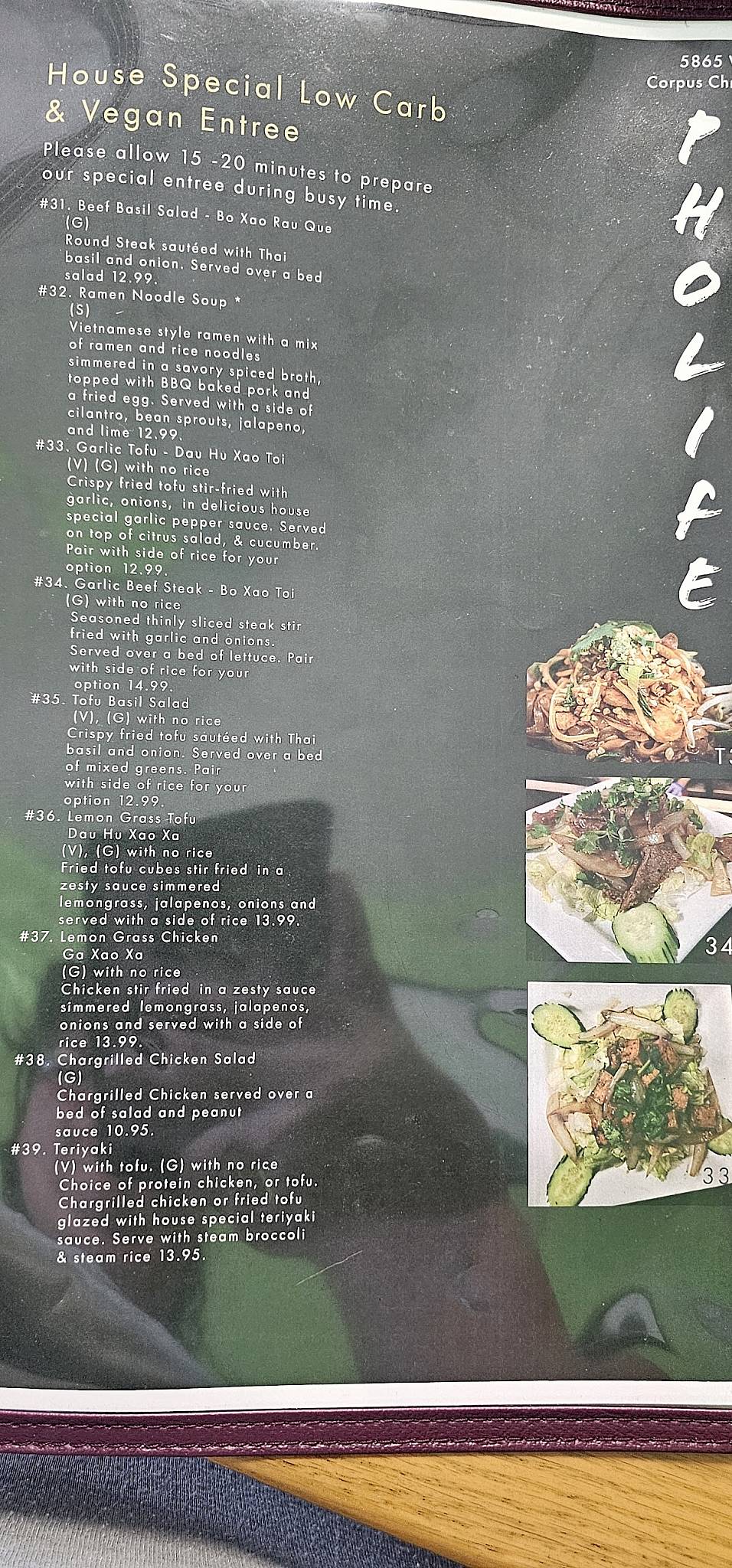 Menu at Pho Life restaurant, Corpus Christi
